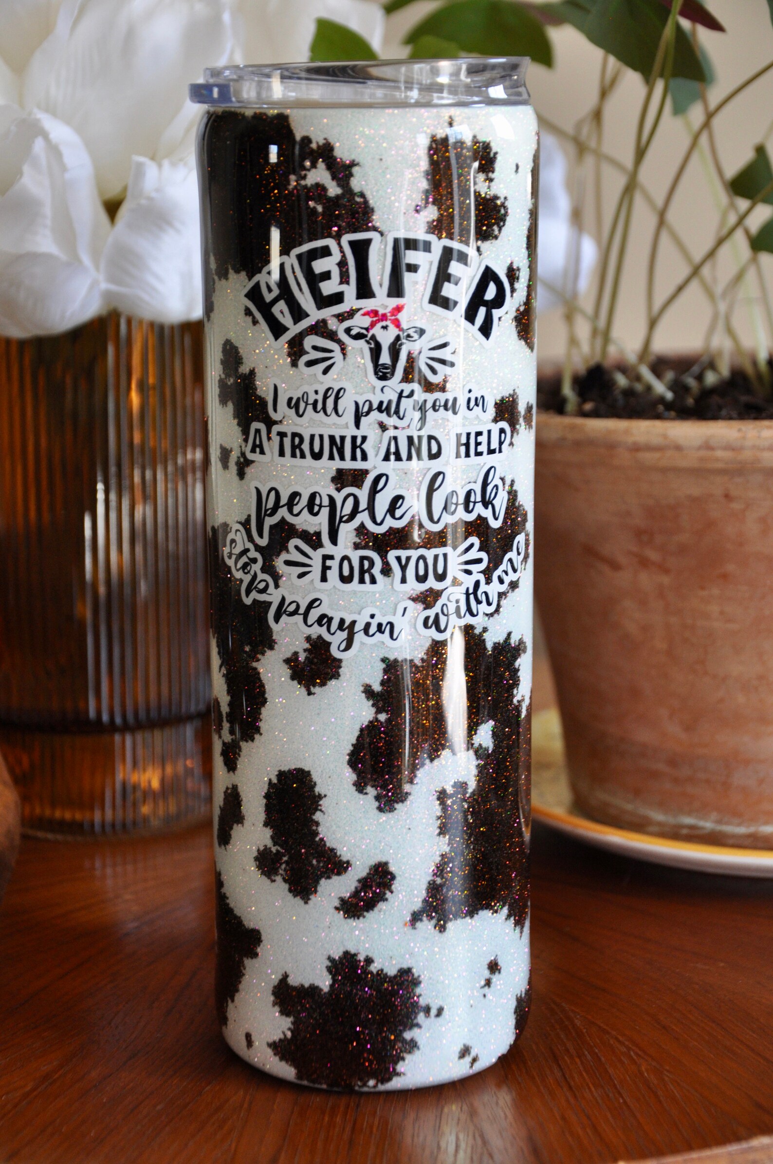 Personalized Cow Print Glitter Epoxy Tumbler - Heifer Epoxy Tumbler ...