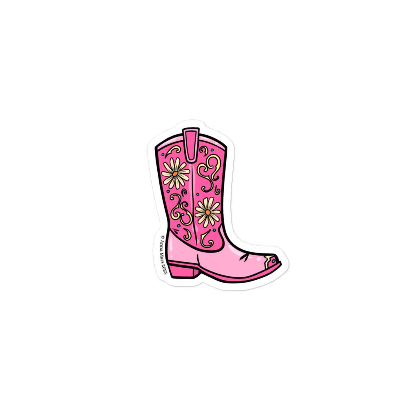 Pink Daisy Western Cowgirl Cowboy Boot Bubble-free Stickers- Moon ...