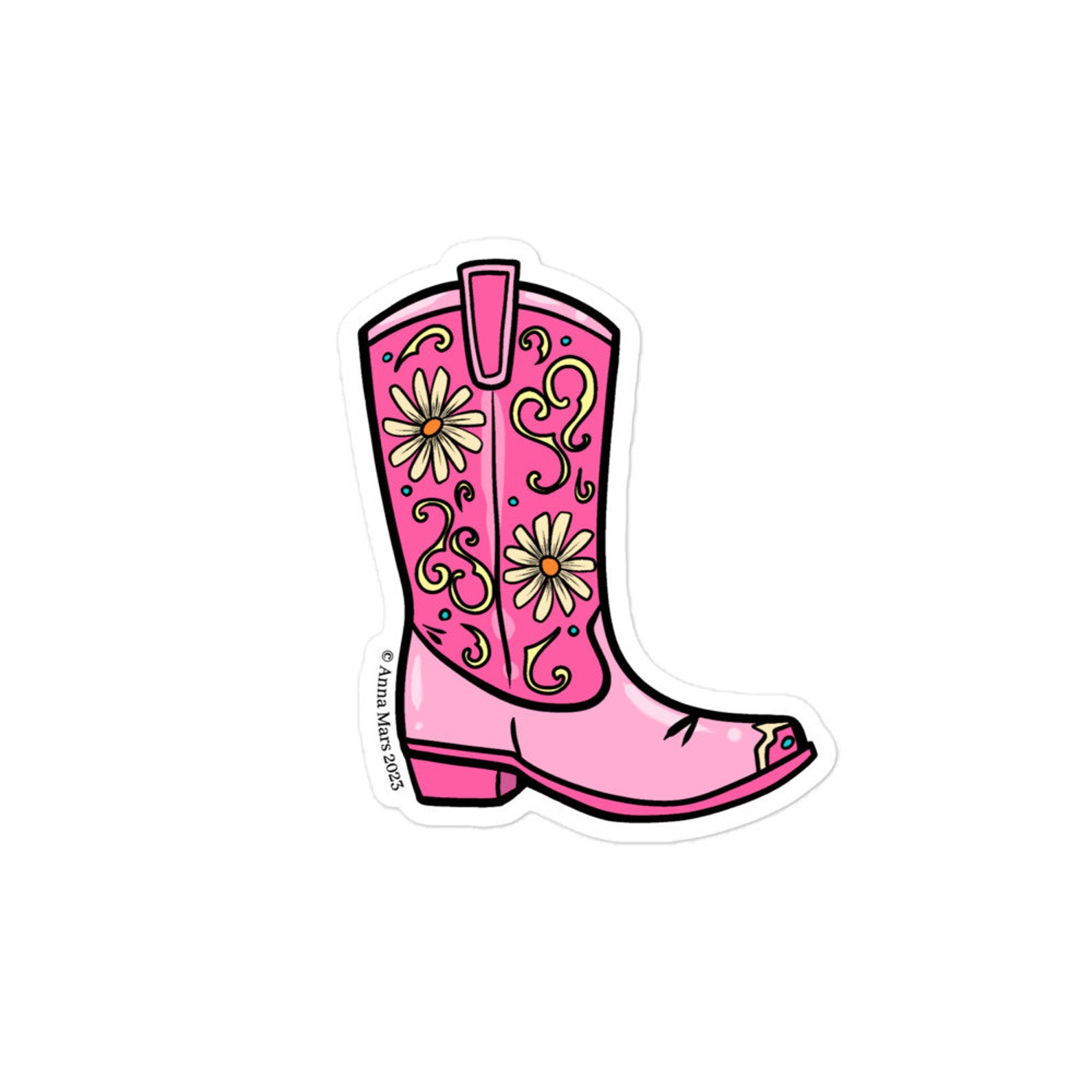 Pink Daisy Western Cowgirl Cowboy Boot Bubble-free Stickers- Moon ...