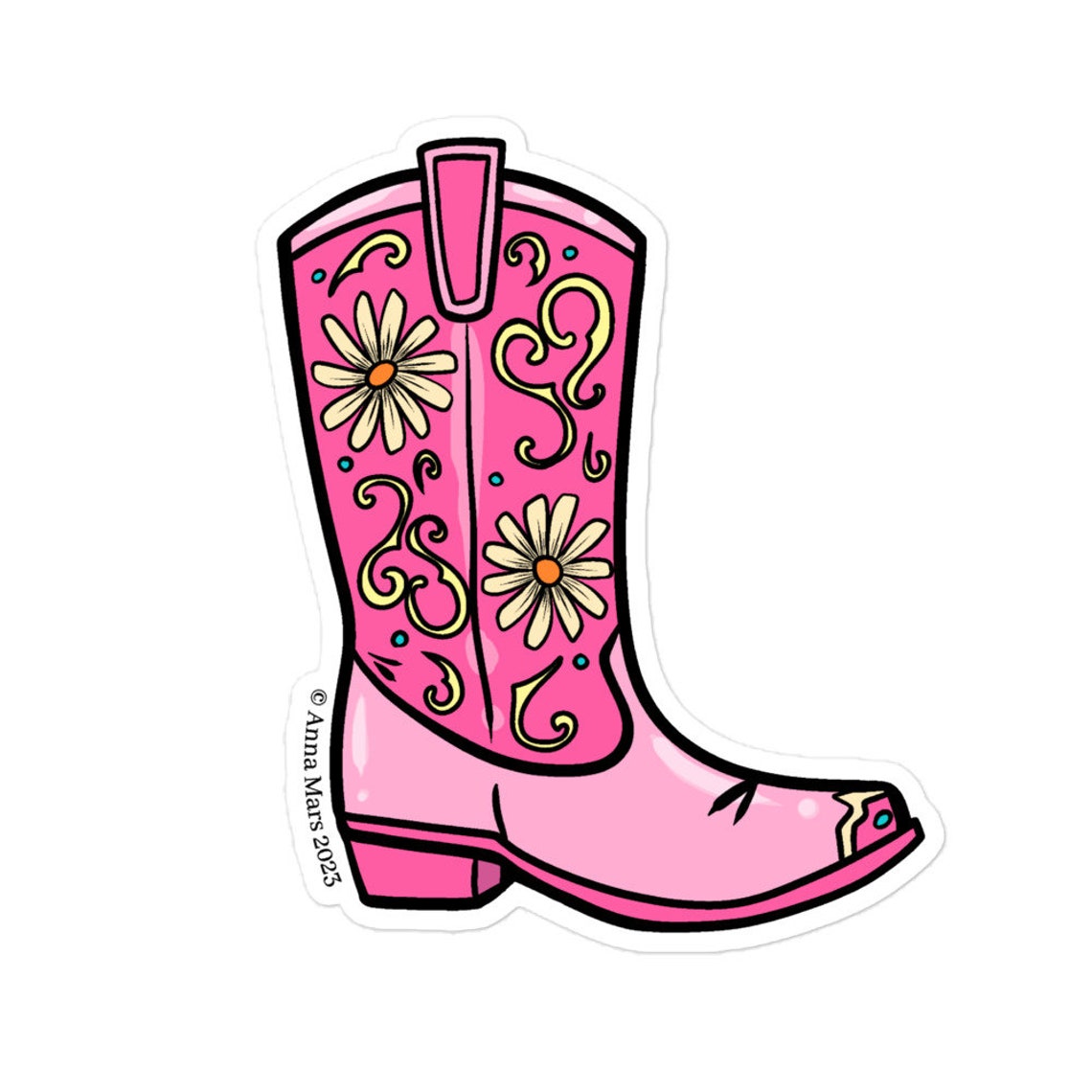 Pink Daisy Western Cowgirl Cowboy Boot Bubble-free Stickers- Moon ...
