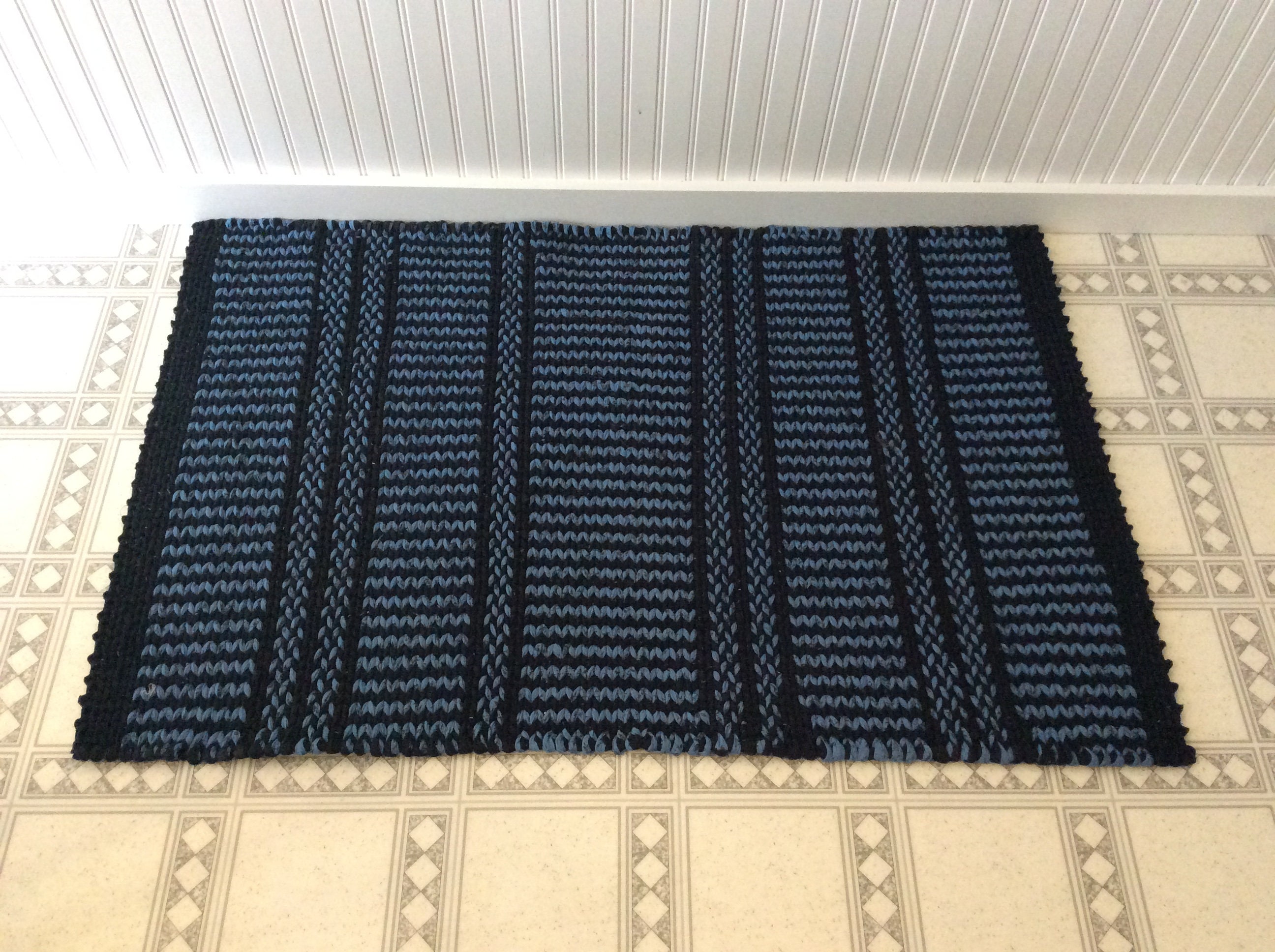 Twined Rag Rug Slate Blue & Black-Large 46” x 28” Size. READY TO SHIP ...