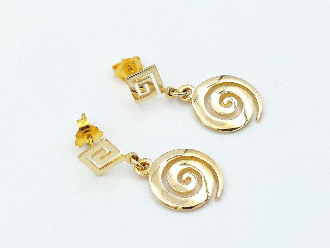 Solid 14k Gold Greek Key Spiral Dangle Earrings - Etsy