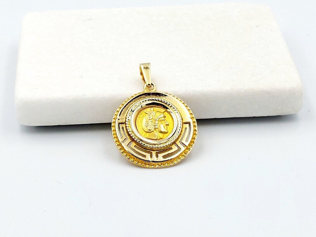 Gold Goddess Athena Pendant, Greek Key Design, Solid Gold 14k, Greek ...