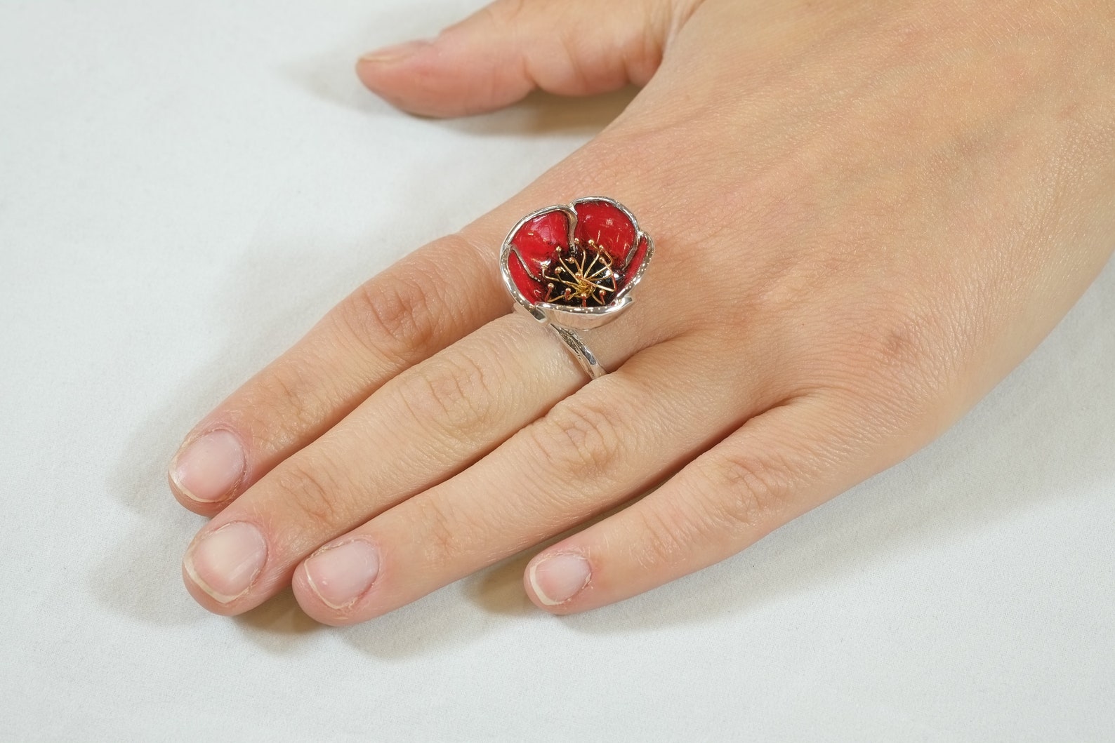 Silver Poppy Ring Red Poppy Flower Ring Enamel Poppy Ring | Etsy