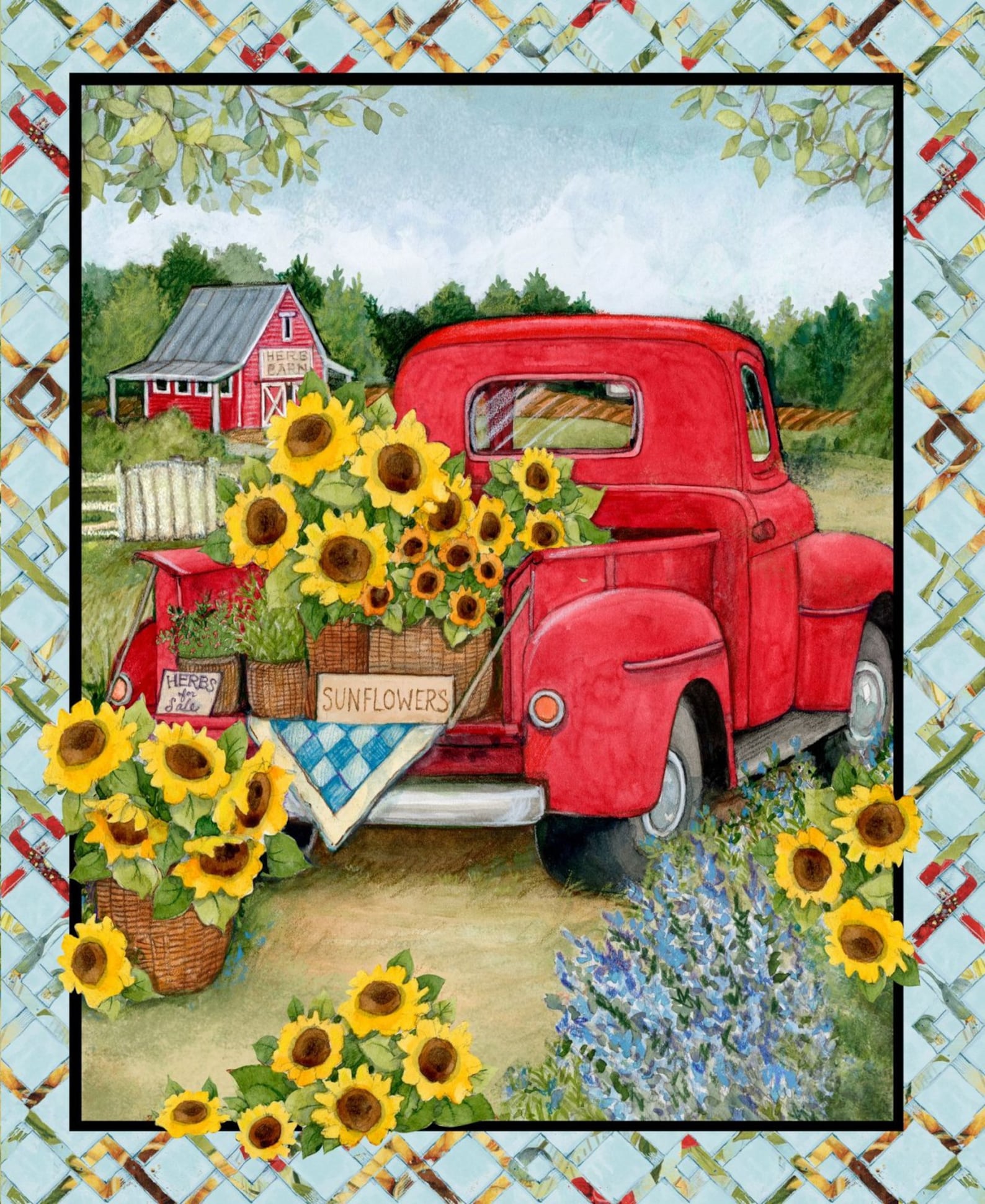 Susan Winget Prints 78398D650715 Red Trucks and Sunflowers - Etsy