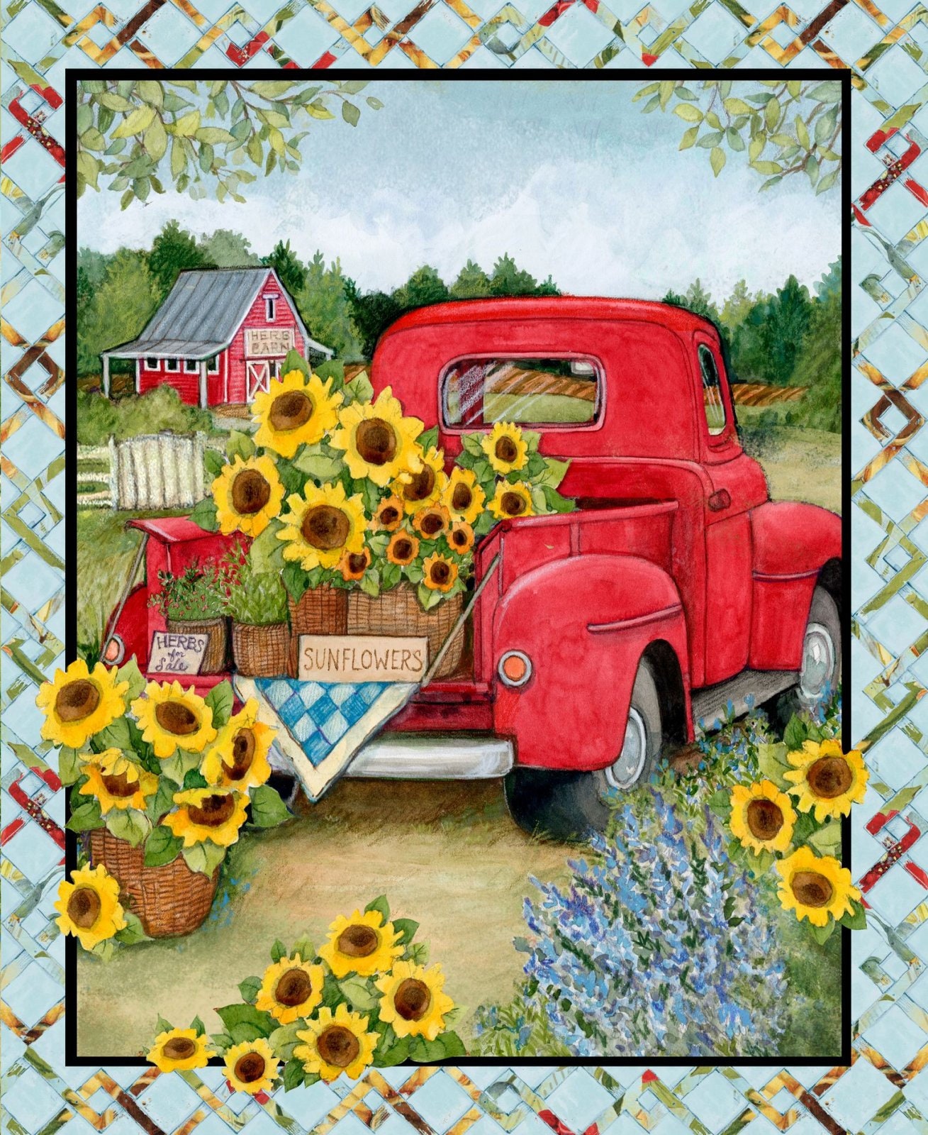 Susan Winget Prints 78398D650715 Red Trucks and Sunflowers - Etsy