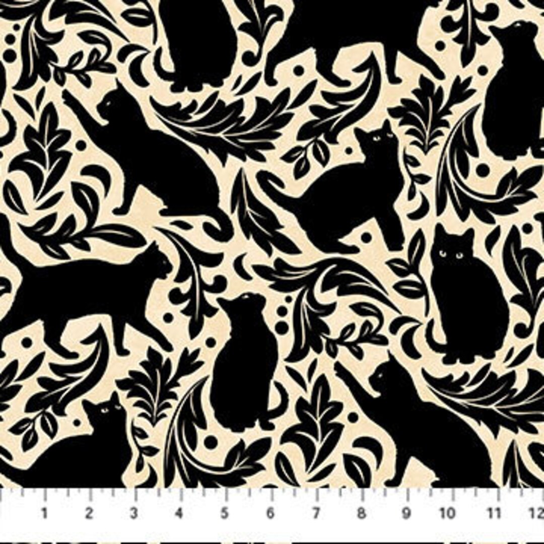 Hallows Eve 27088-12 Cream Black Cat Damask by Cerrito Creek Studio for ...