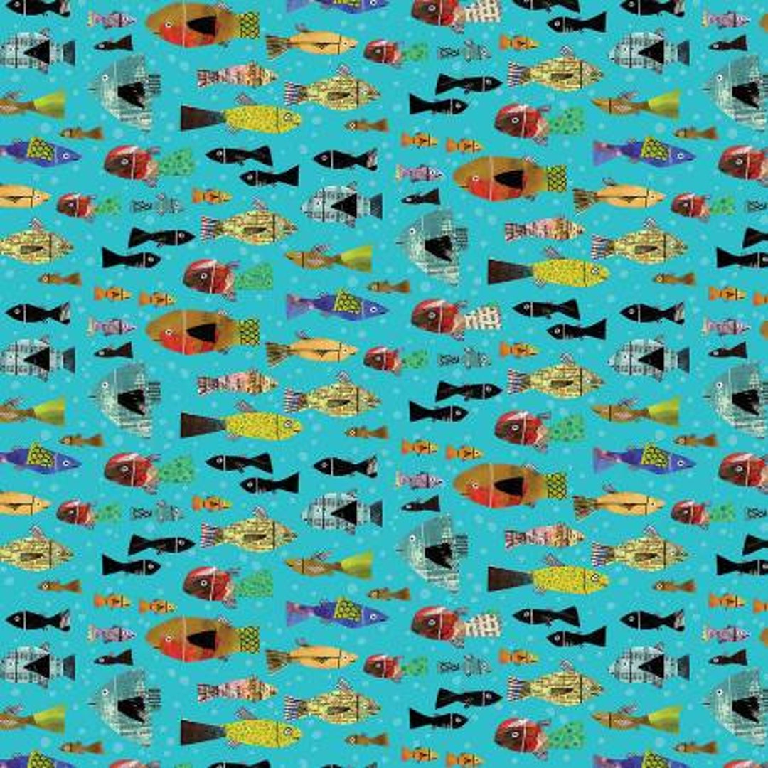 Frogtastic 13392-84 Multi Fish Medium Turquoise by Terry Runyan for ...