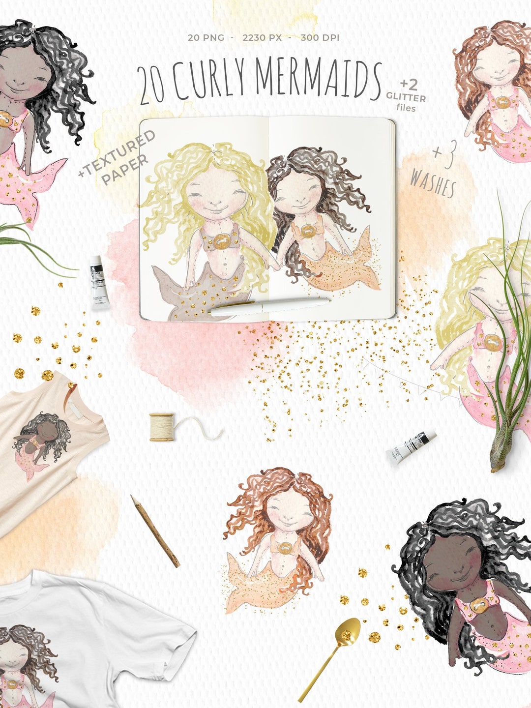 Curly Mermaids Hand Drawn Clip Art Ocean Clipart Cute Mermaid Png ...