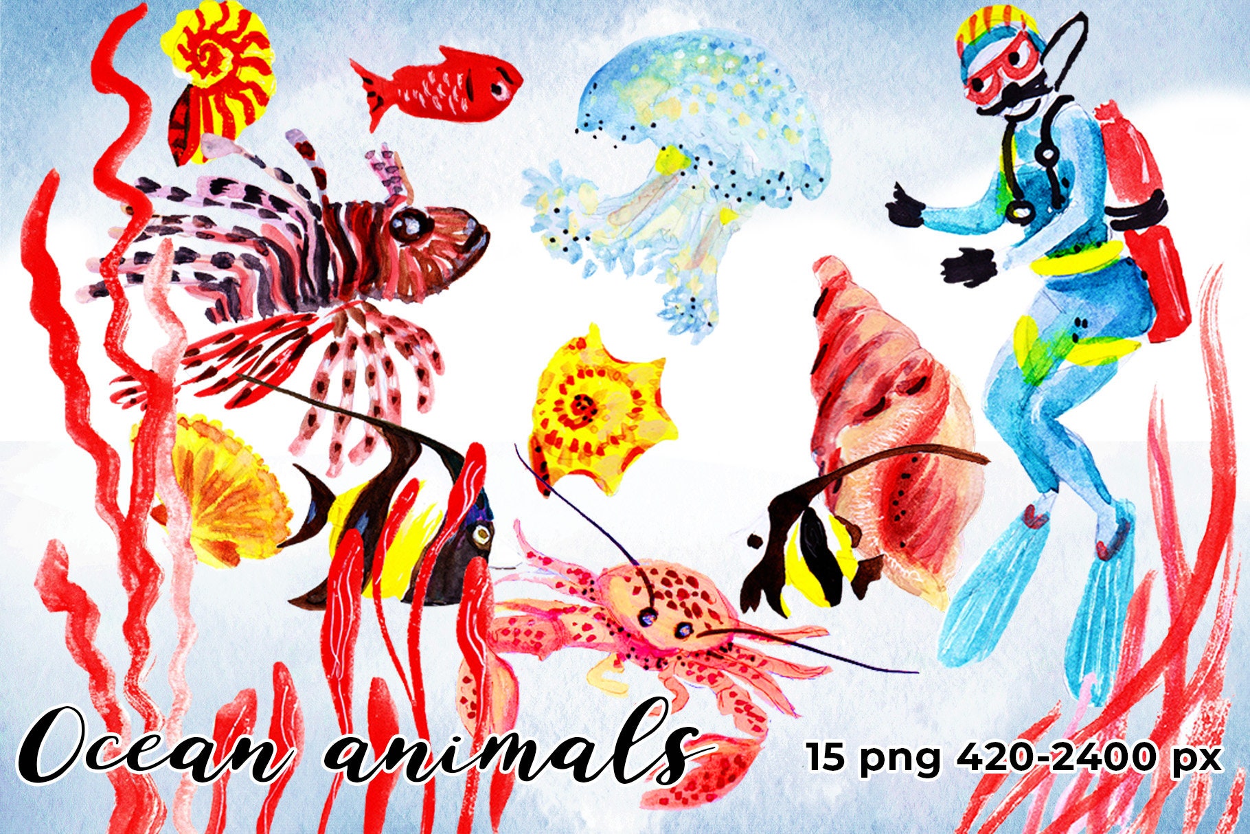 Commercial Use Ocean Animals Clip Art Diver Crab Jellyfish Fish Clipart ...