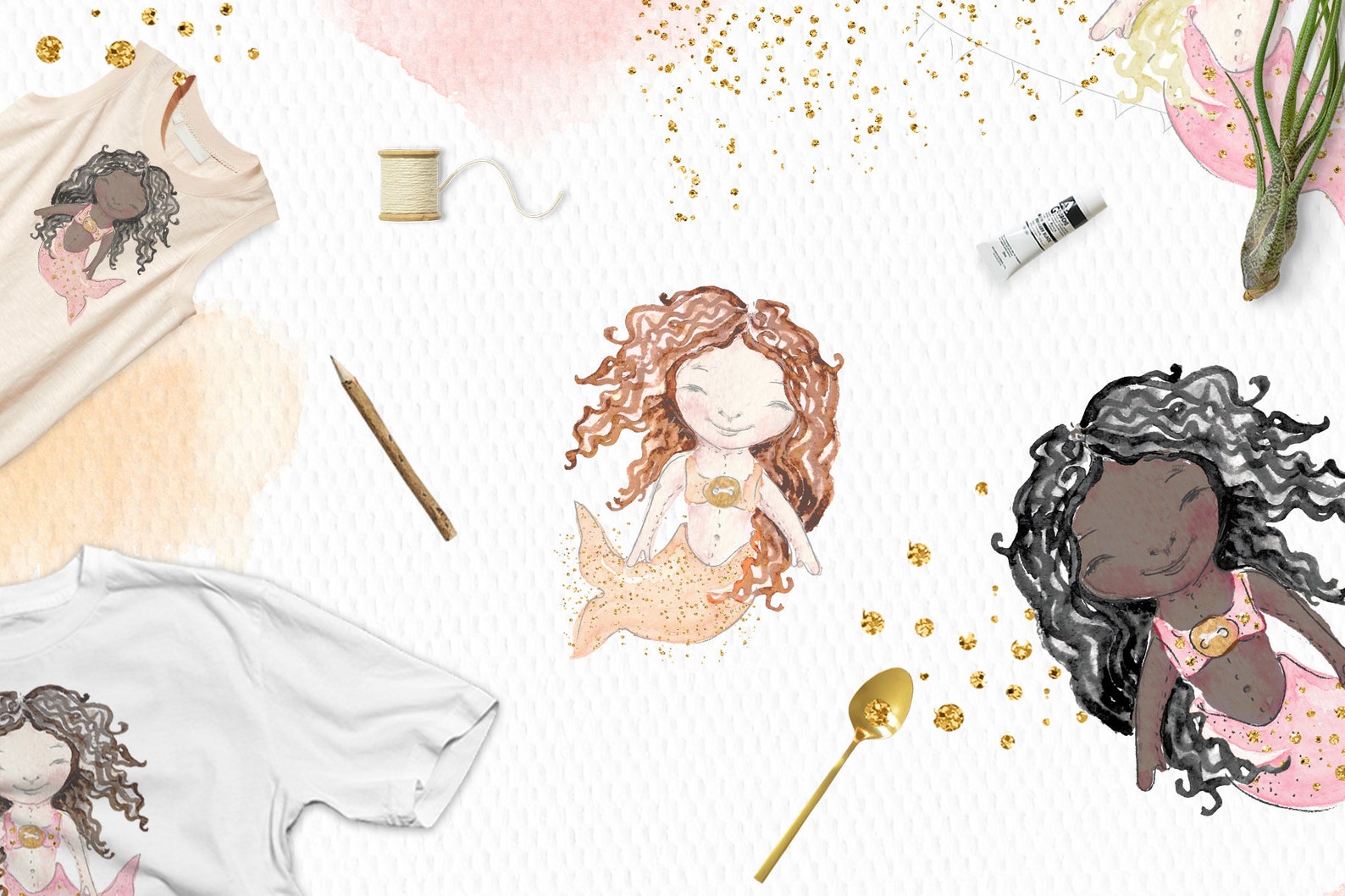 Curly Mermaids Hand Drawn Clip Art Ocean Clipart Cute Mermaid Png ...