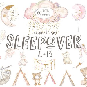 Sleepover Clipart, Hand Drawn, Watercolor, Balloon, Mermaid, Tent ...