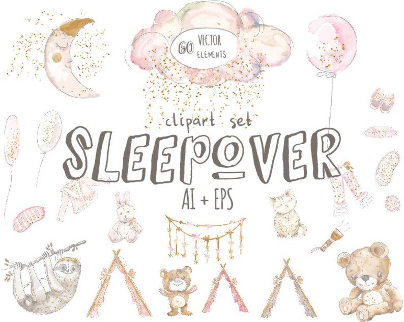 Sleepover Clipart, Hand Drawn, Watercolor, Balloon, Mermaid, Tent, Sleeping, Stuffed Animals ...