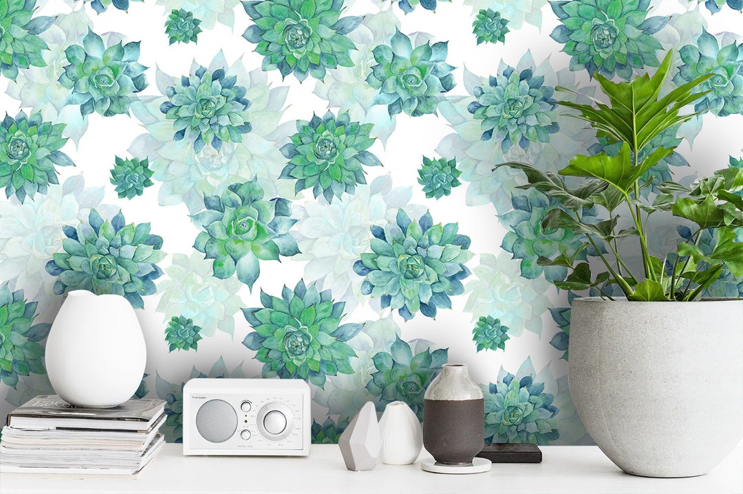 Turquoise Succulent Removable Wallpaper, Green Blue and White Wall ...