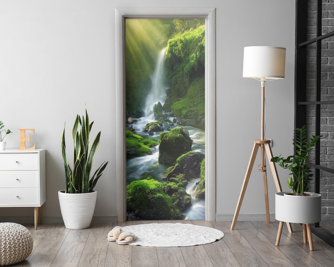 Green Waterfall Door Sticker, Carving Door Mural, Landscapes Door ...
