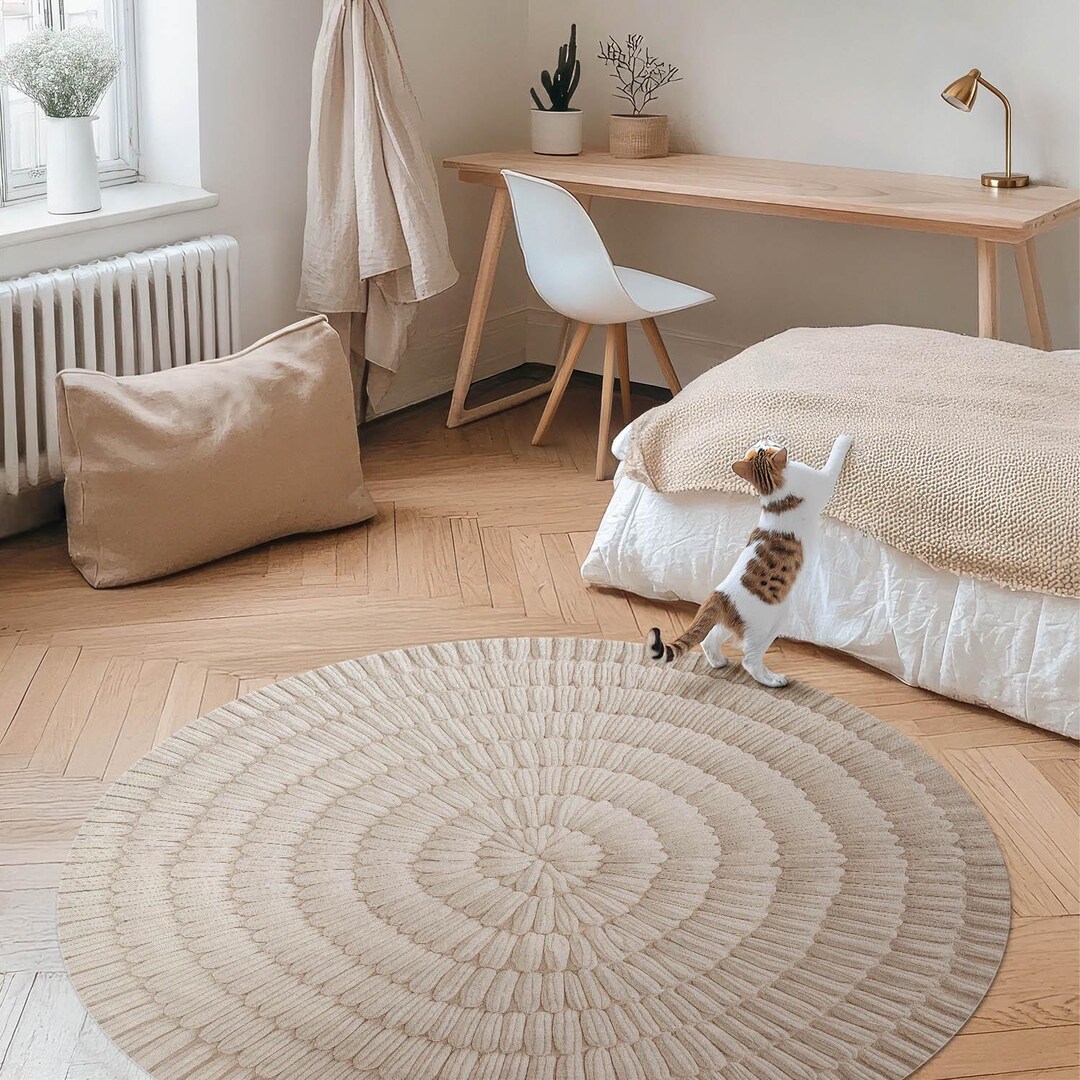 Braid in Shades of Beige Round Rug for Living Room, Texture Vinyl Floor ...