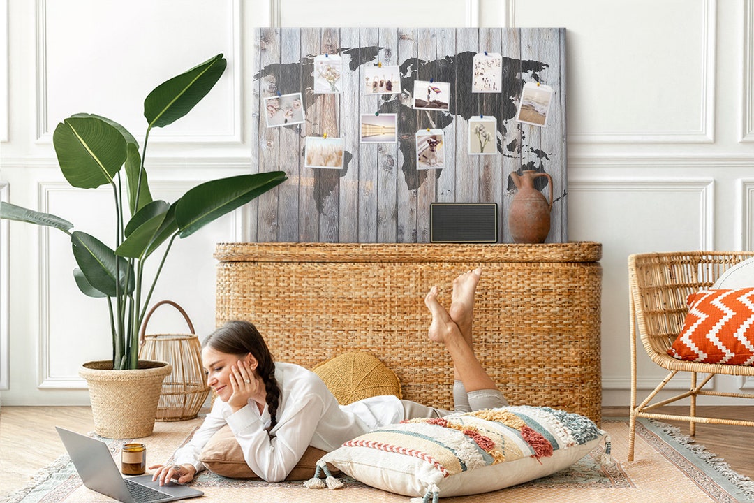 World Map on Wood Planks, Travel Tracker, Large Cork Board, Black and ...