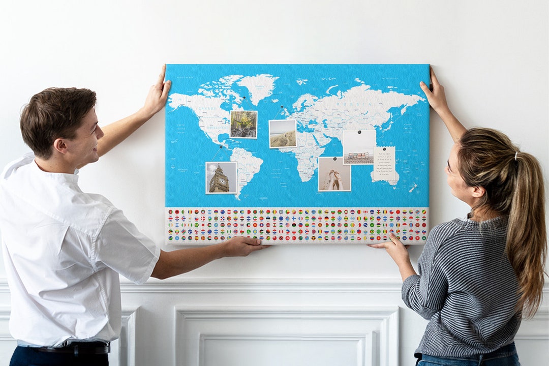 Outline World Map, Blue, Size XXL, Pinboard, Pins Included, Travel ...