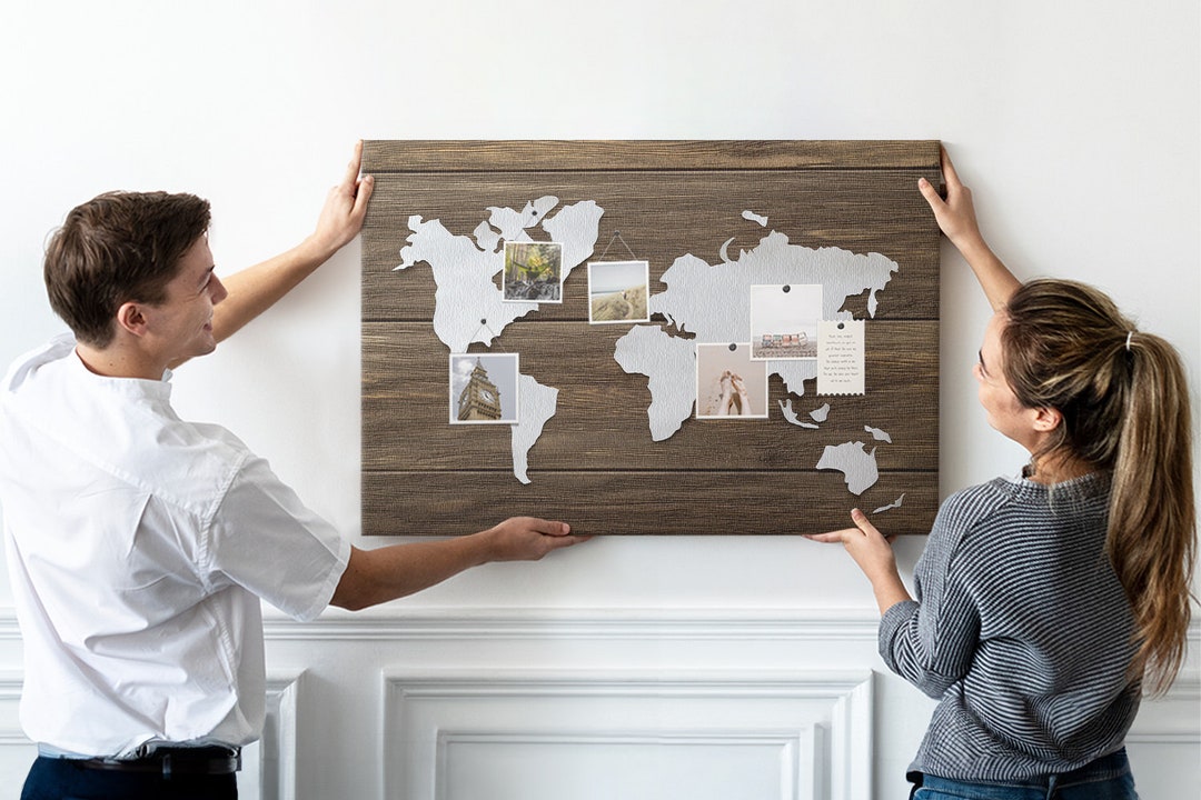 World Map on Wood Planks, Travel Tracker, Large Cork Board, Pins ...