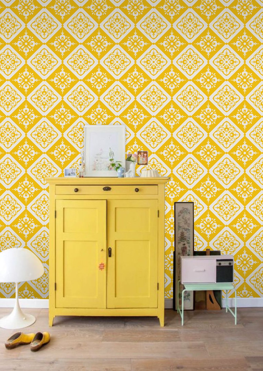 Classic Removable Wallpaper, Yellow and White Wall Mural, Temporary ...