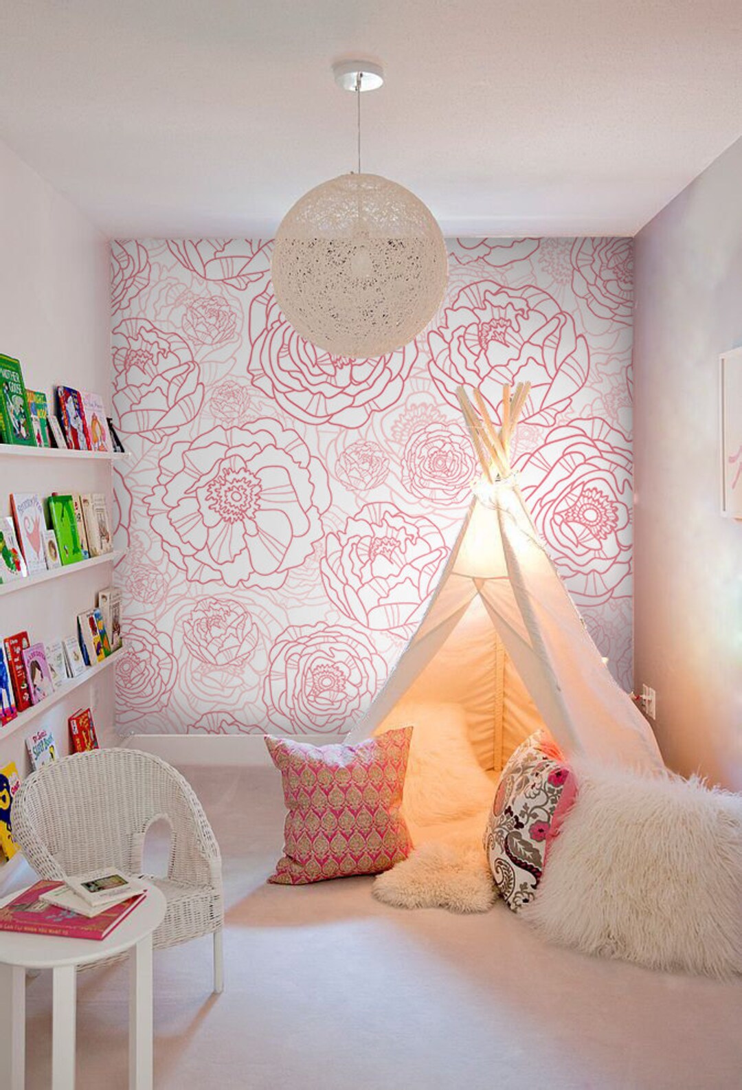Pink Line Flowers Removable Wallpaper Pink and White Wall Mural ...