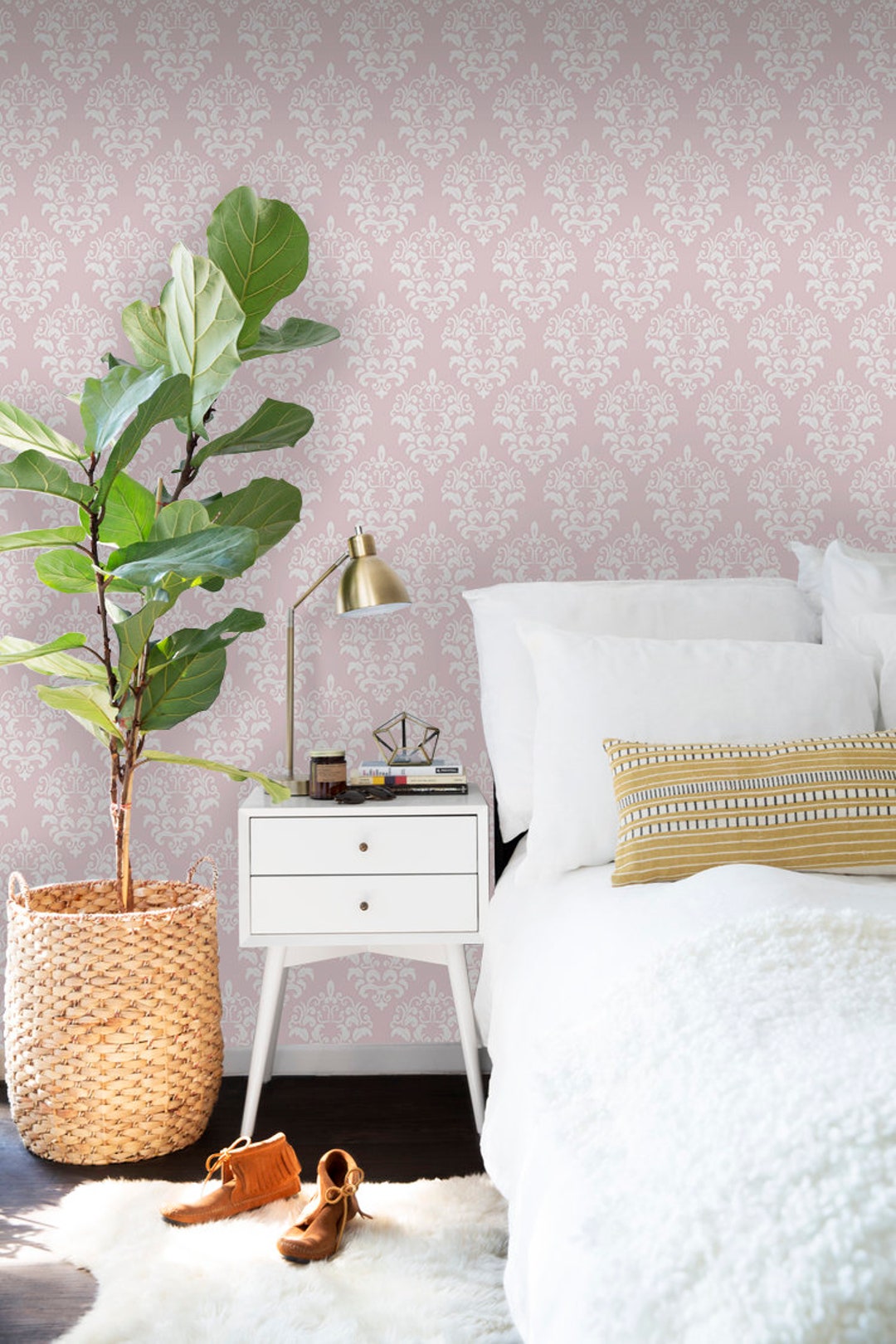 Damask Pastel Pink Removable Wallpaper, Pink and Gray Wall Mural ...