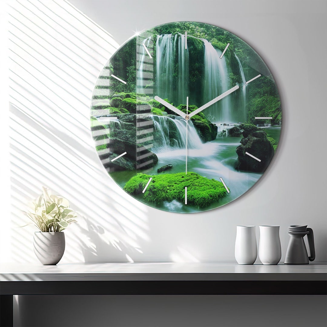 Printed Clock Waterfall in the Forest, Green Round Glass Clock ...