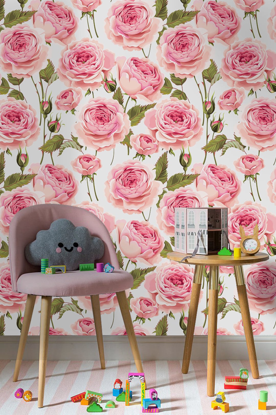 English Roses Removable Wallpaper Green and Pink Wall Mural - Etsy