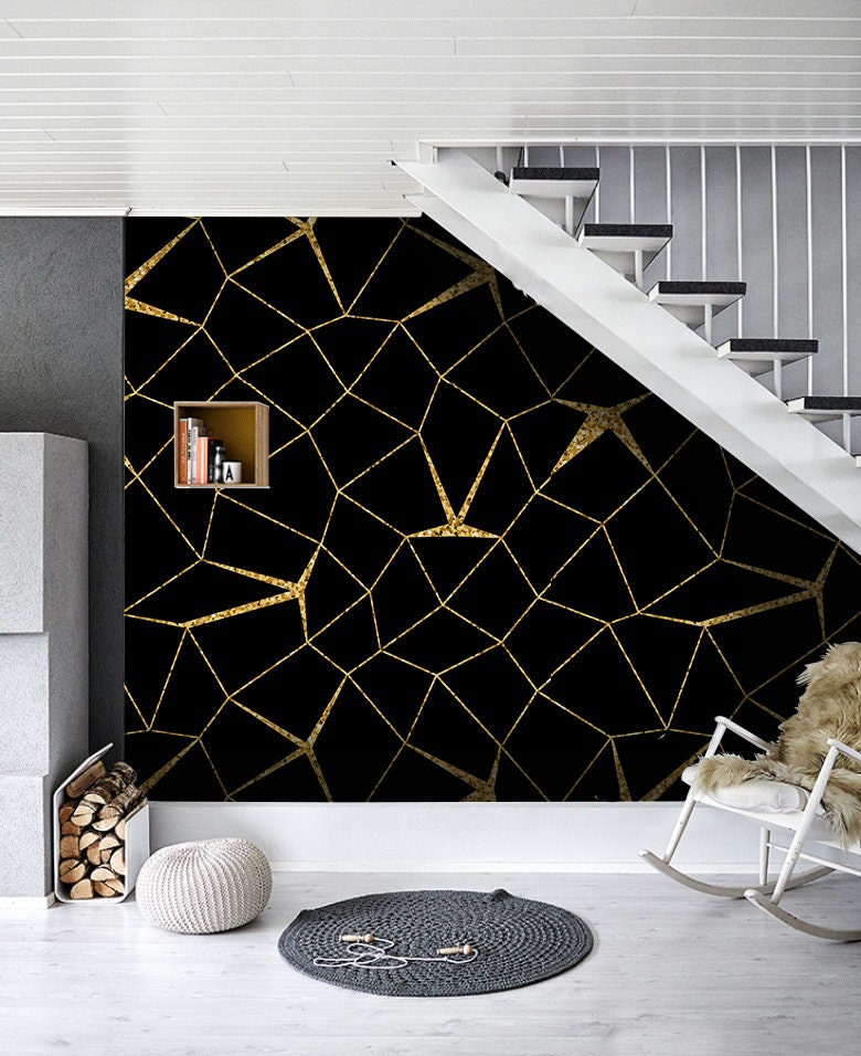 Mosaic Gold Black Removable Wallpaper, Golden and Black Wall Mural, Art ...