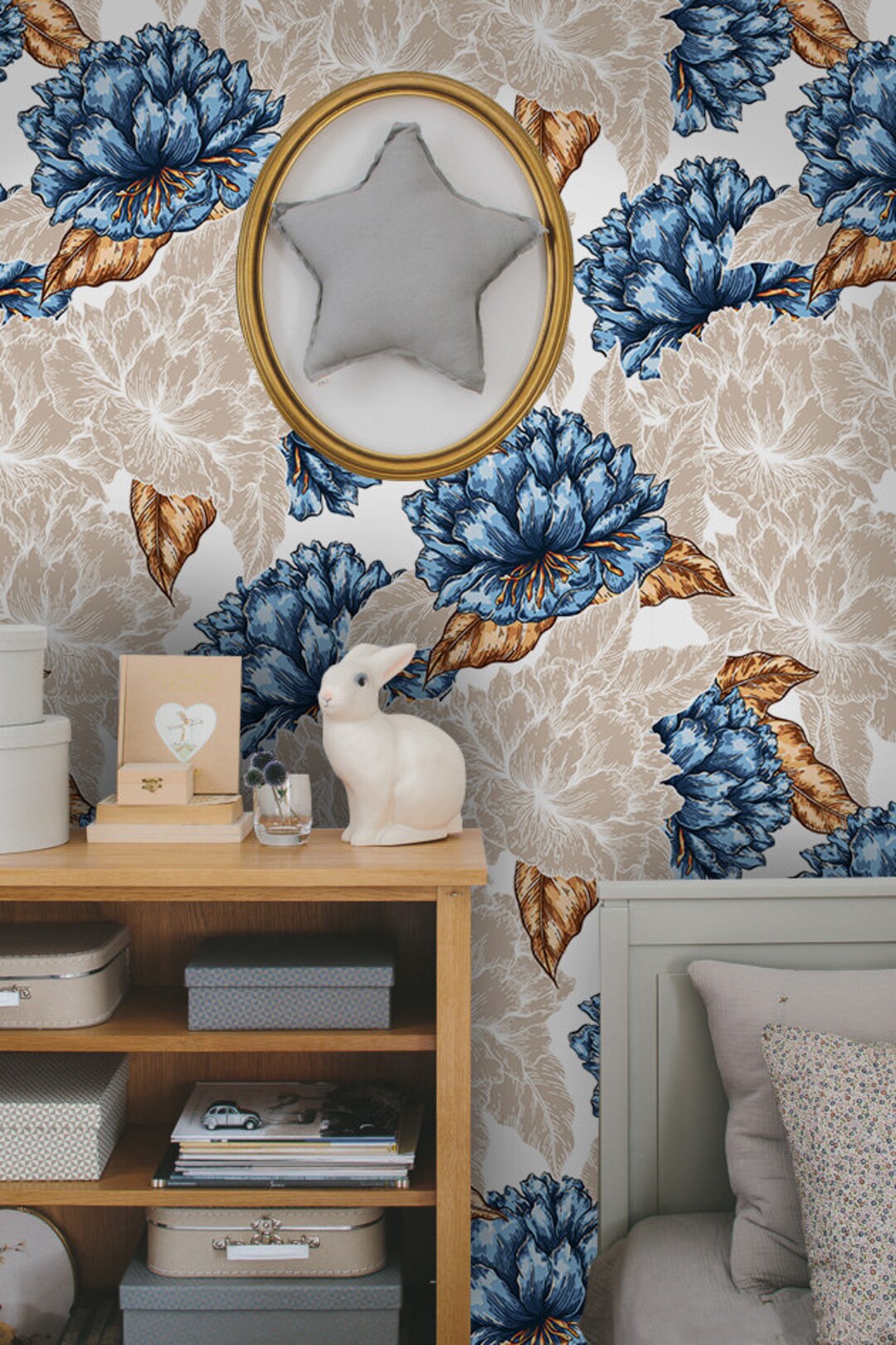 Graphic Flower Removable Wallpaper Blue and Golden Wall Mural Large 529 ...
