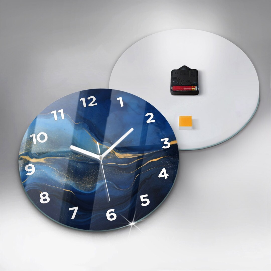 Printed Clock Gold and Blue Marble, Blue Round Glass Clock ...