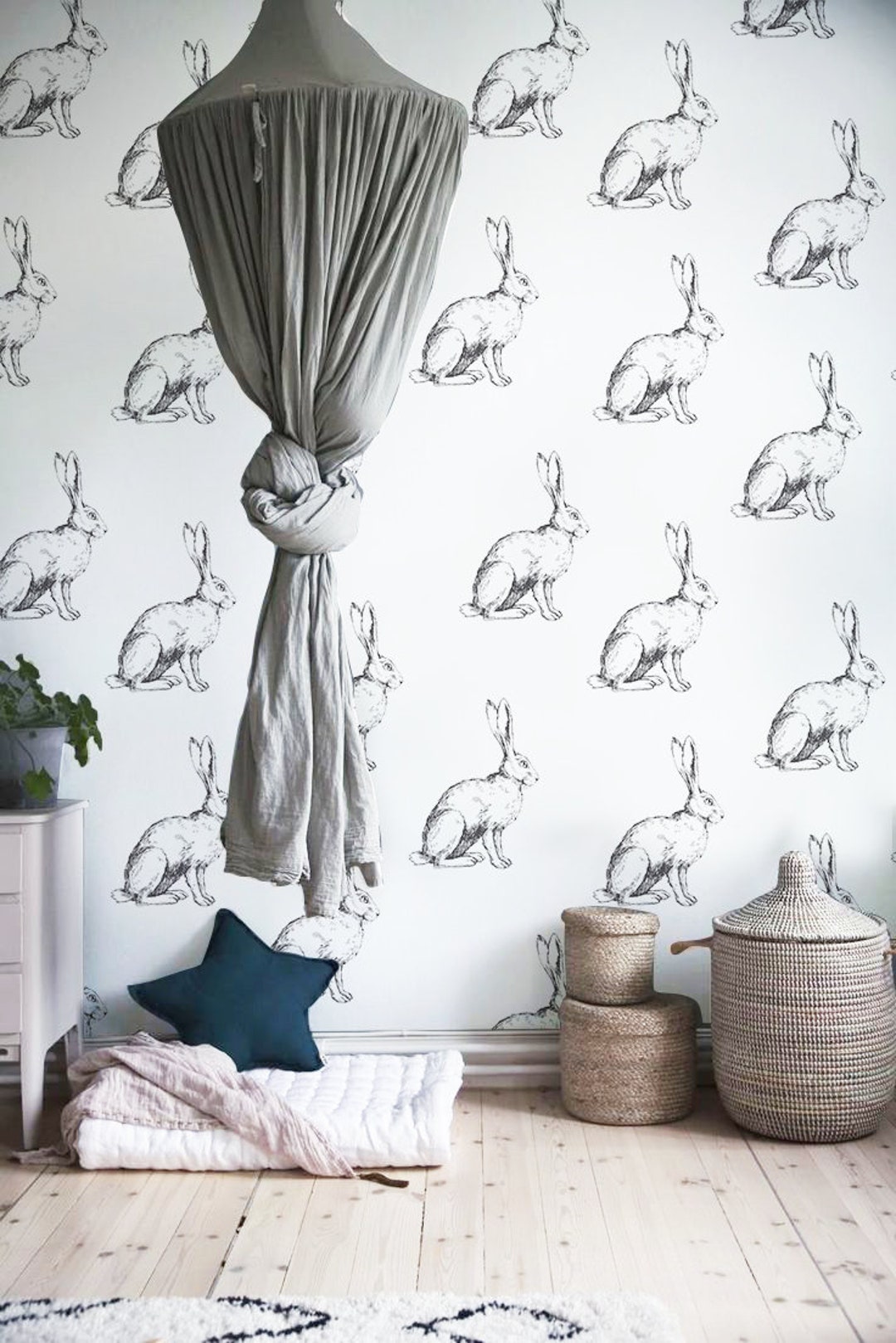 Sketched Rabbits Removable Wallpaper, Black White Wall Mural, Retro ...