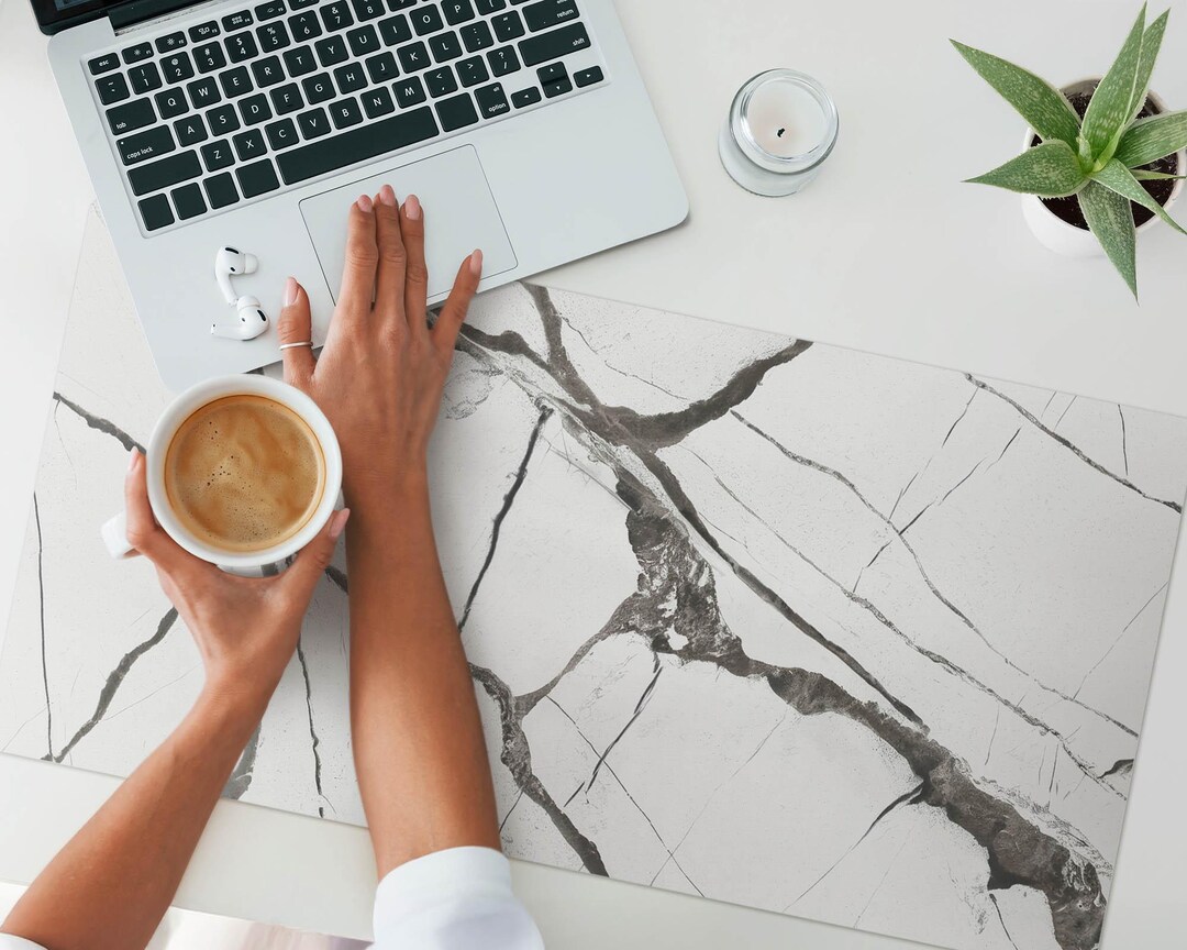 Marble Cracks Desk Cover, White Desk Mat, Table Protector Pad, Textures ...