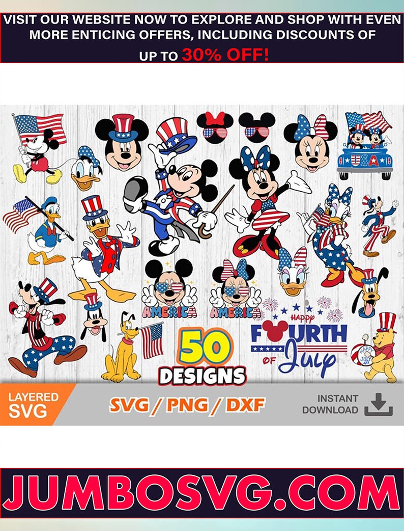 Mickey and Friends 4th of July Clipart Bundle, Happy Fourth of July Svg ...