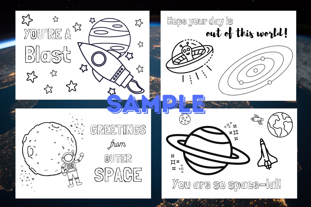 Outer Space Coloring Postcards: Rocket, Astronaut, Planets (printable ...
