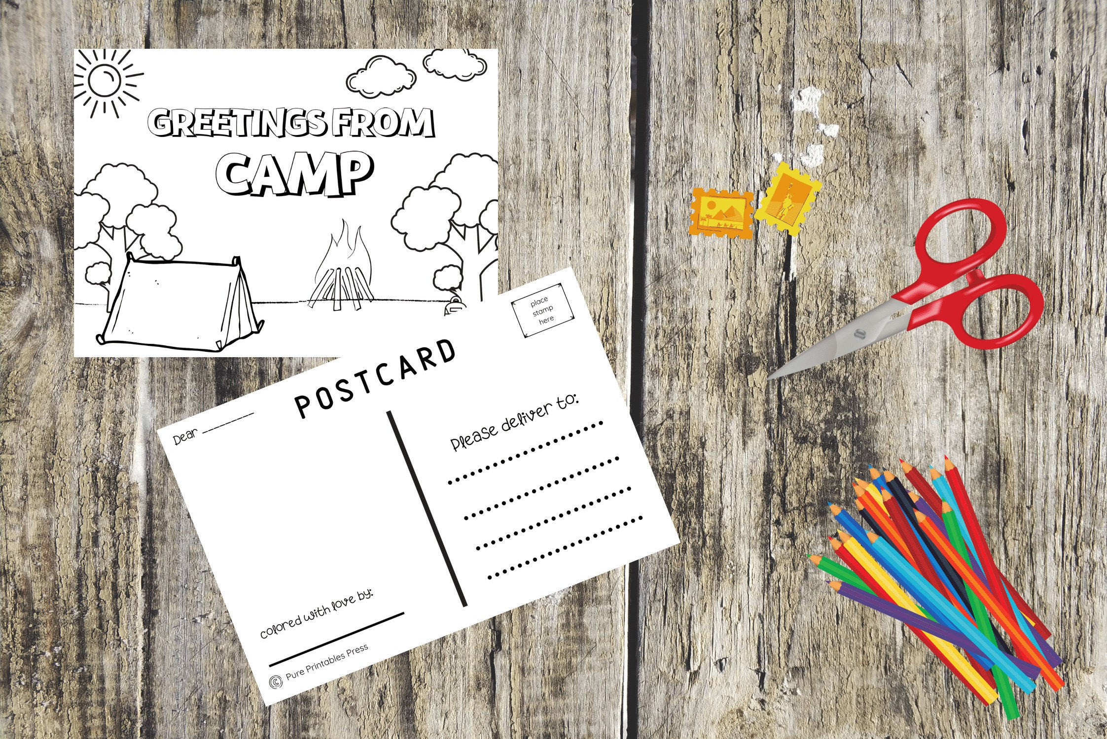 Camping Postcard Pages INSTANT DOWNLOAD - Set of Four - Color Your Own ...