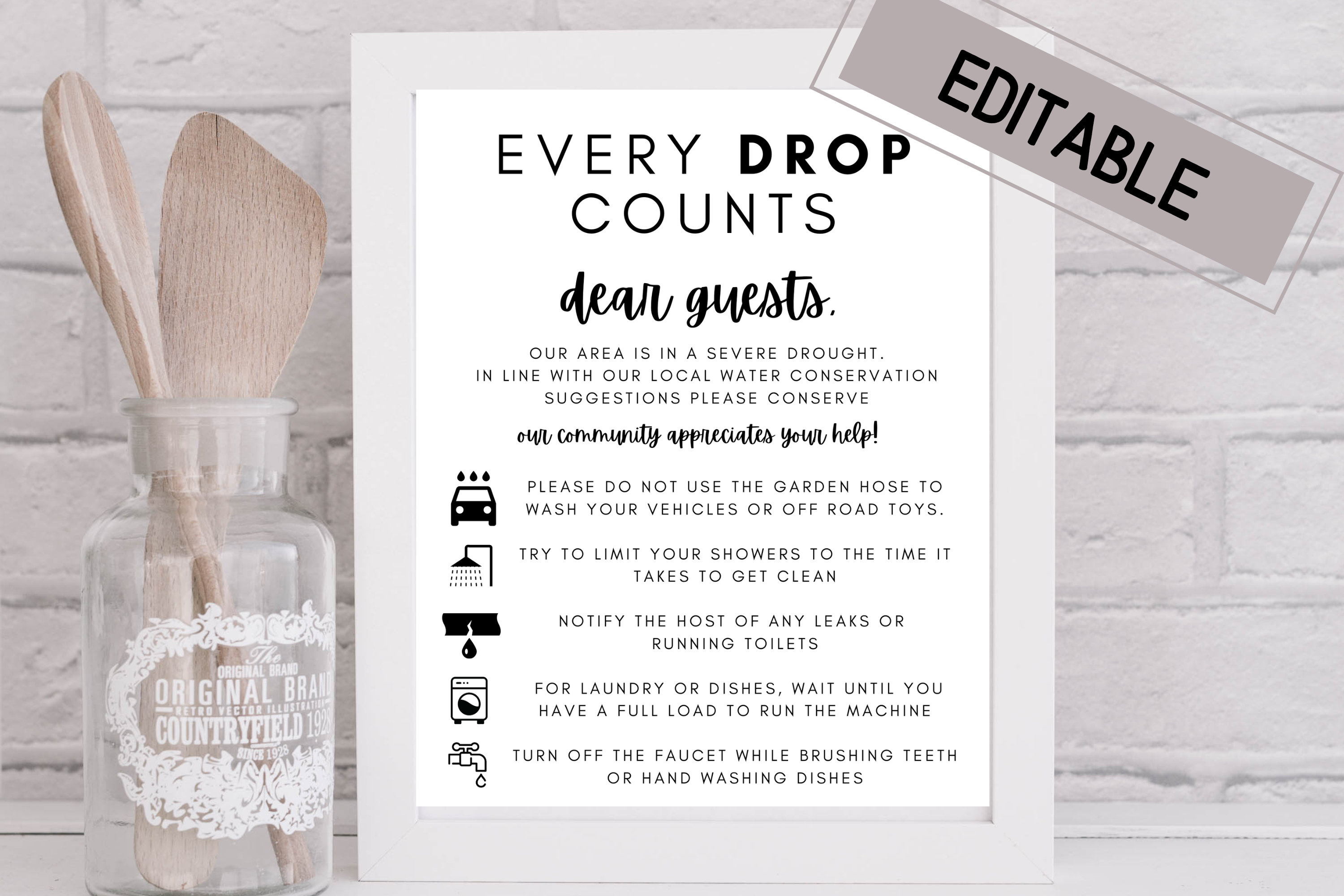 Airbnb Conserve Water Sign: Every Drop Counts Printable (editable) - Etsy