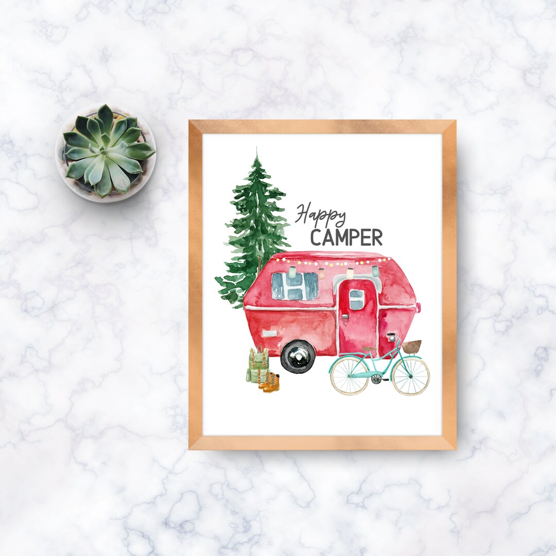 Happy Camper Watercolor RV Art Print: Vintage Travel Decor (digital ...