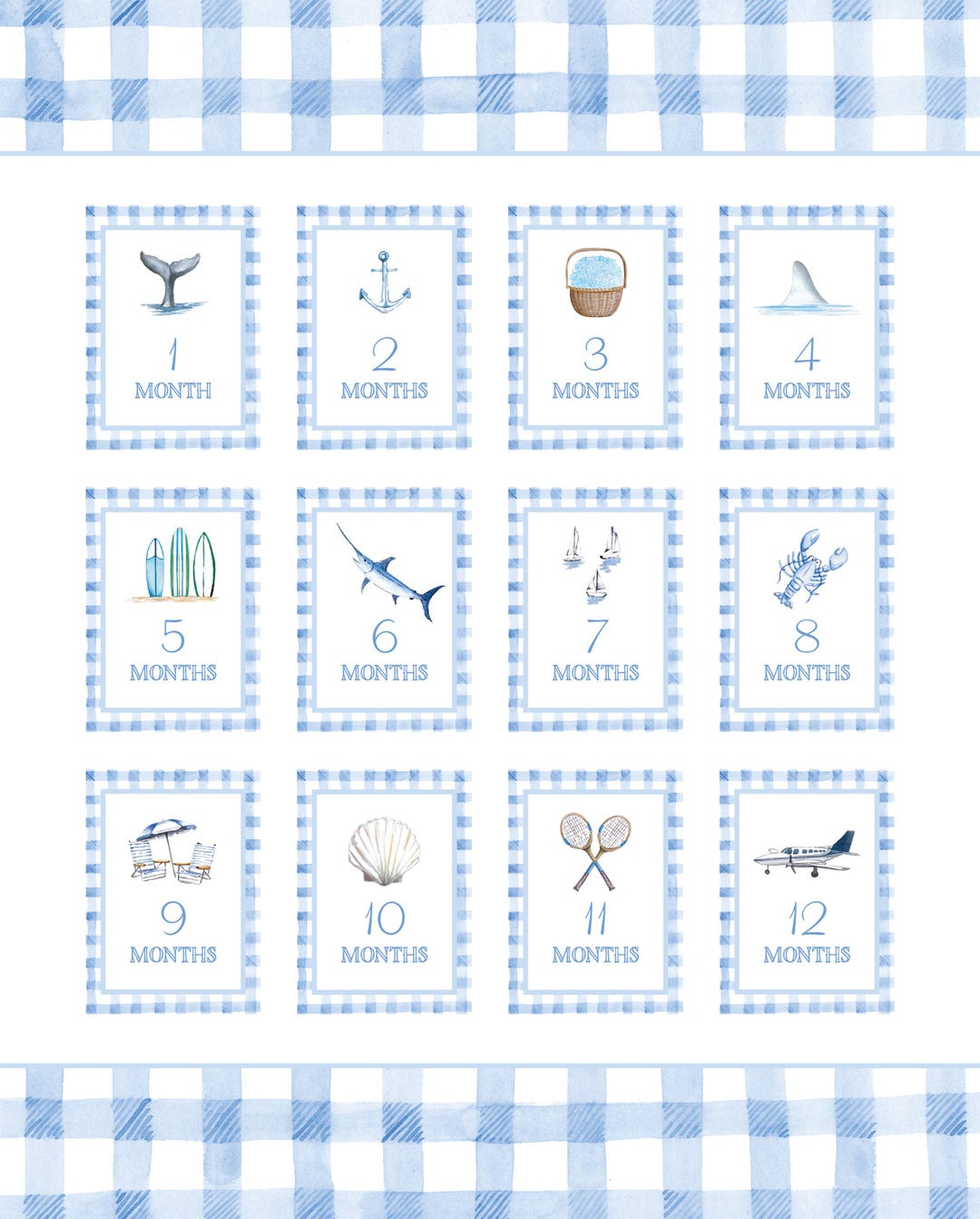 Blue Gingham Baby Milestone Cards | Classic Preppy Monthly Photo Cards ...
