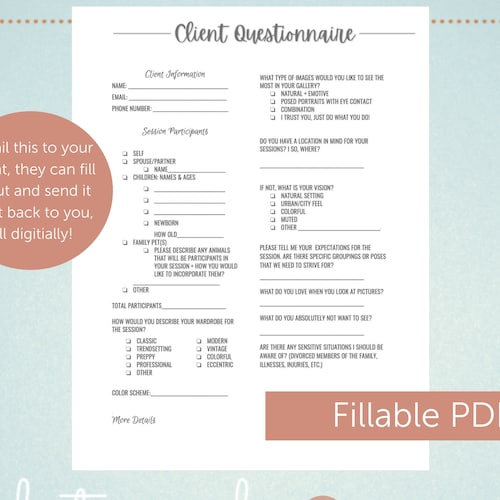 Photography Client Questionnaire Fillable PDF - Etsy