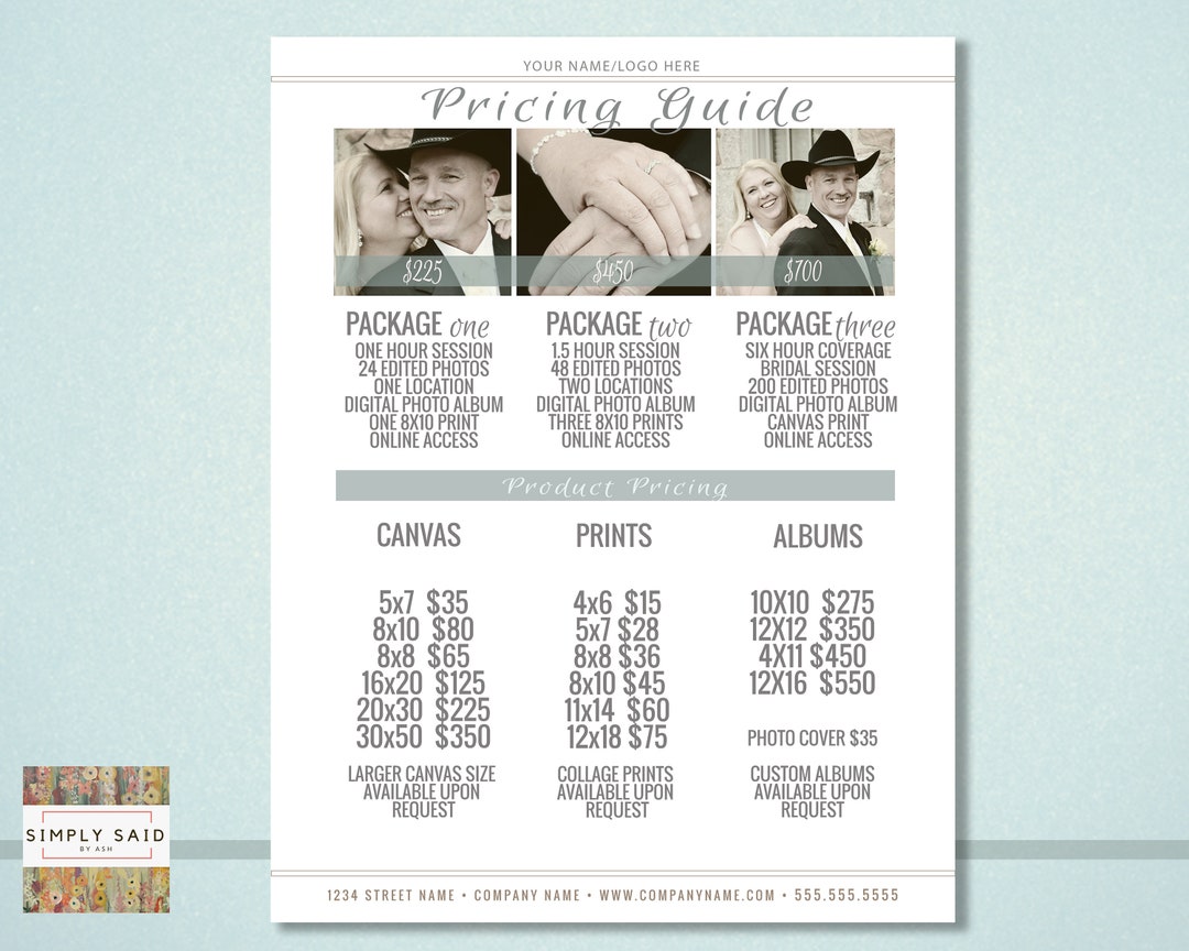 Photography Pricing Guide- Editable PSD File and Google Doc, INSTANT ...