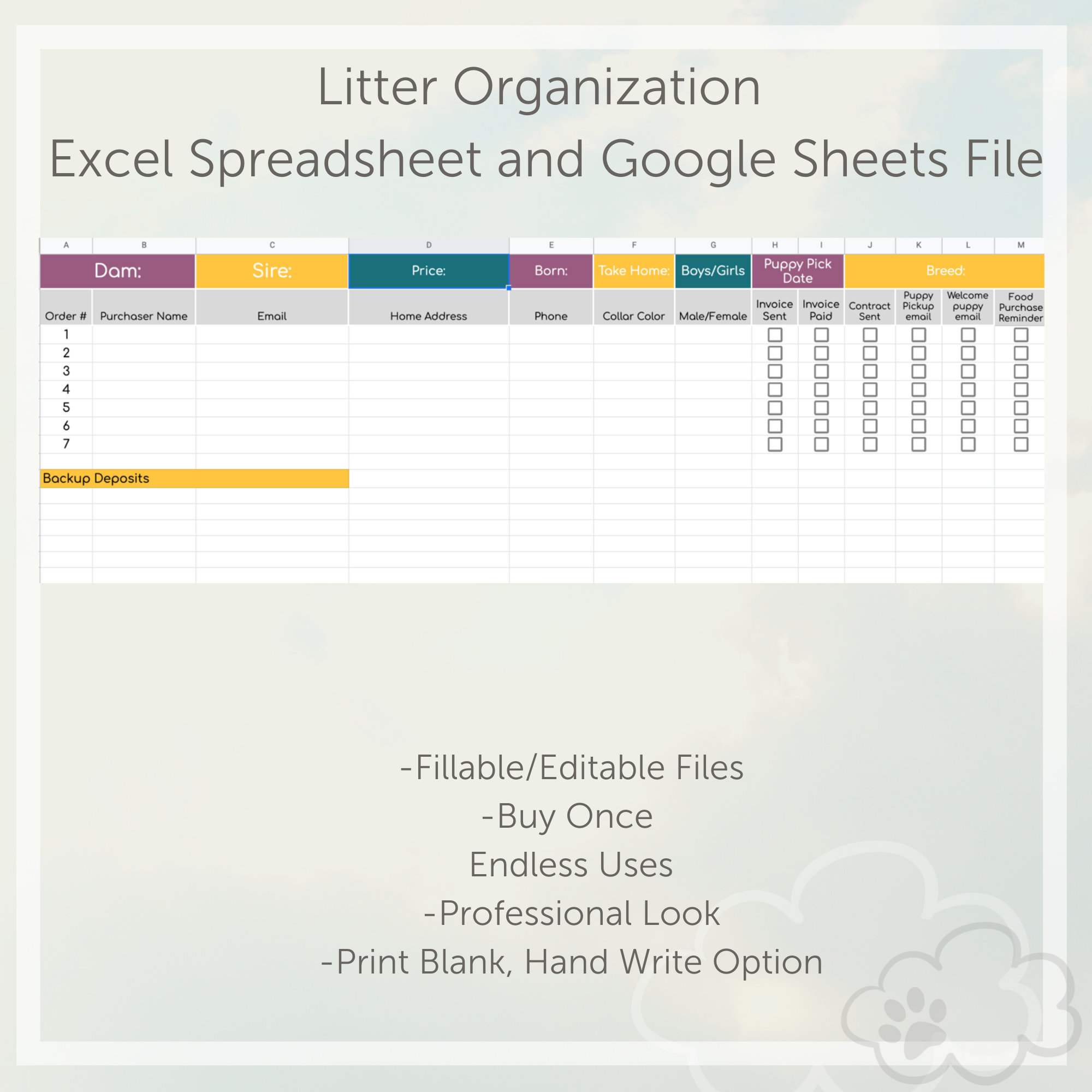 Litter Organization Excel Spreadsheet and Google Sheets File - Etsy