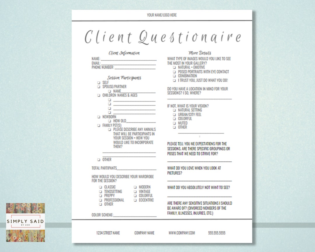 Client Questionnaire- Editable INSTANT DOWNLOAD - Etsy