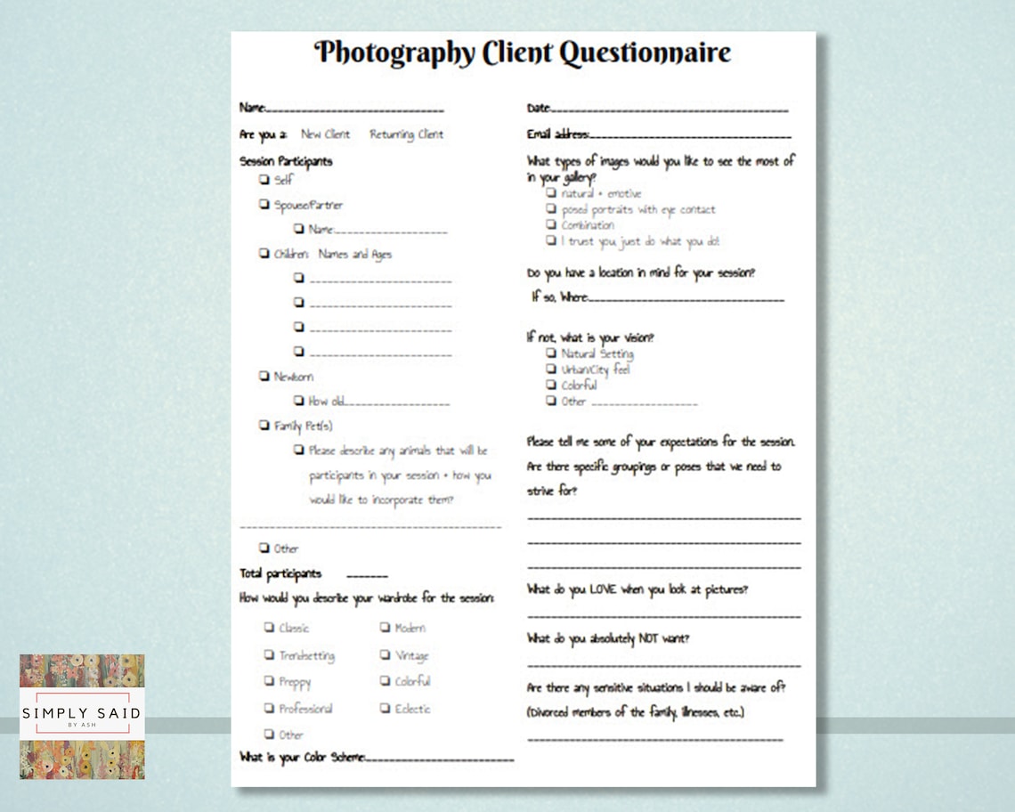 Photography Client Questionnaire with EDITABLE - Etsy