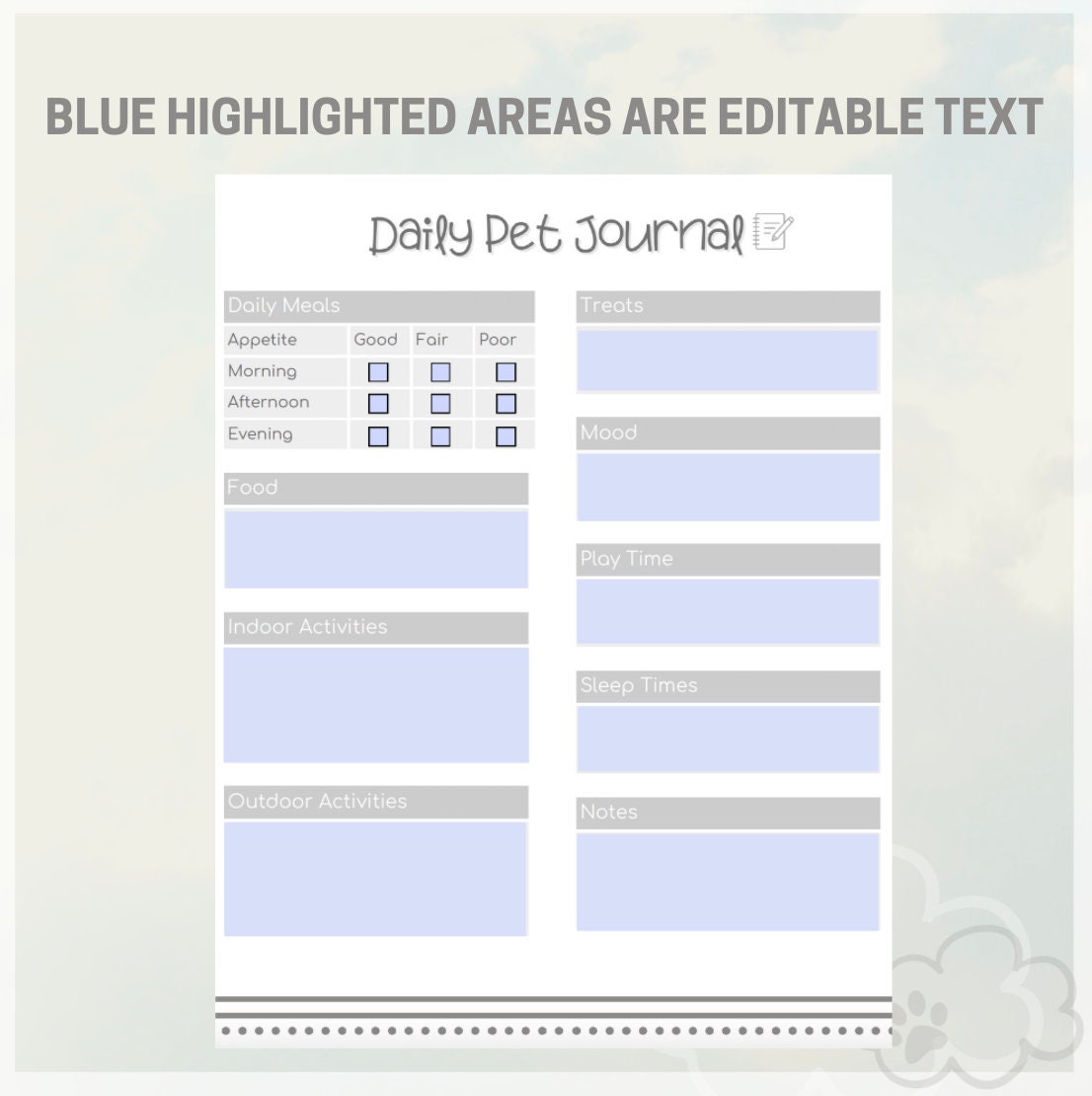 Daily Pet Journal PDF Fillable and Hand Write - Etsy