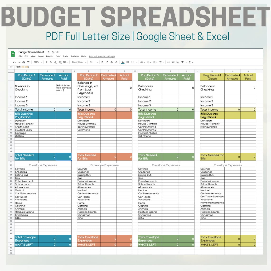 Budget Spreadsheet- Google Sheet and Excel- AND Printable PDF - Etsy