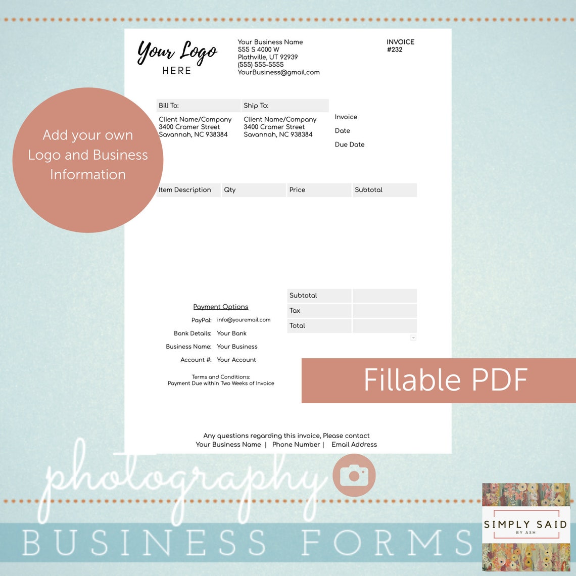 Photography Invoice - PDF Fillable and Hand Write - Etsy