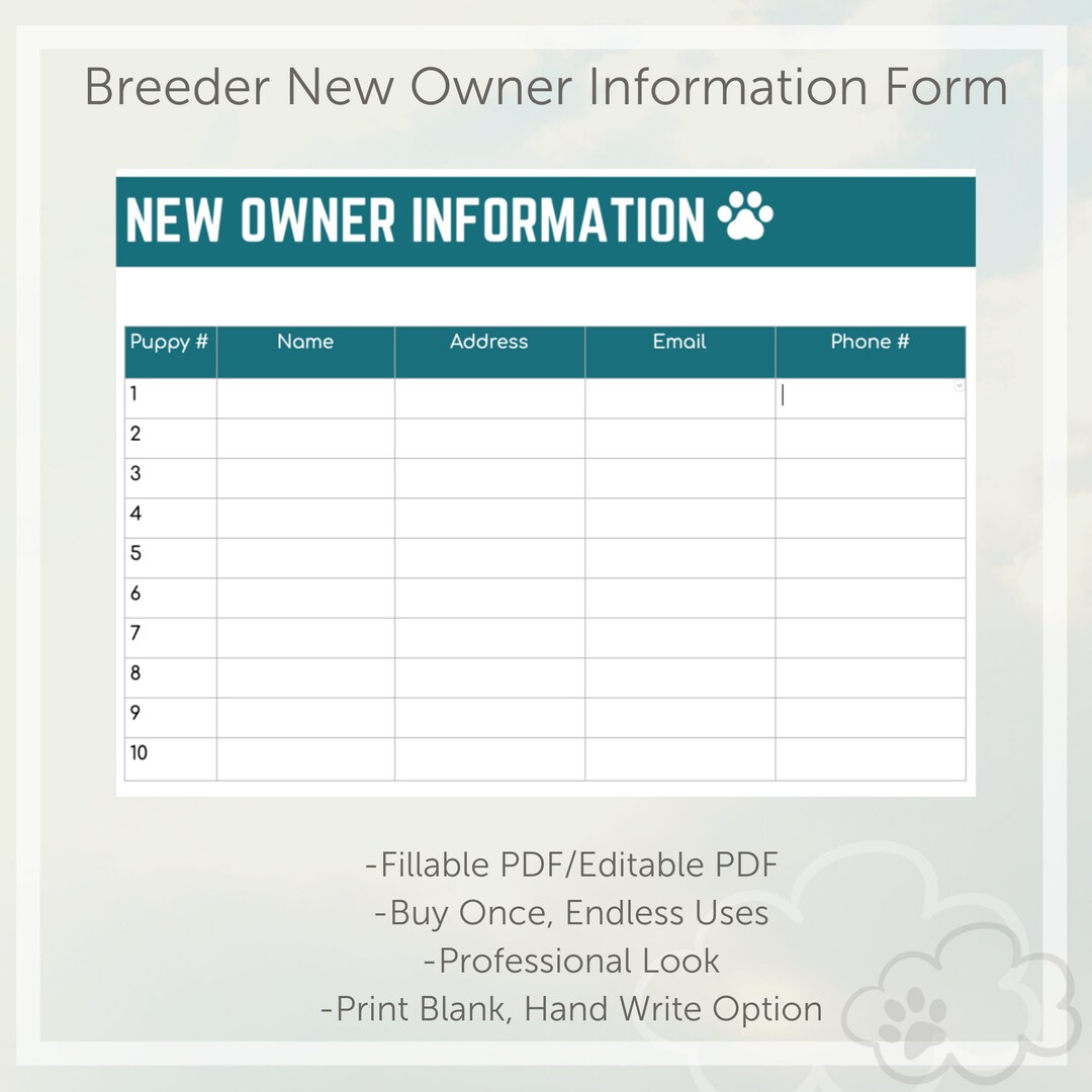 Breeder New Owner Information Fillable PDF - Teal - Etsy