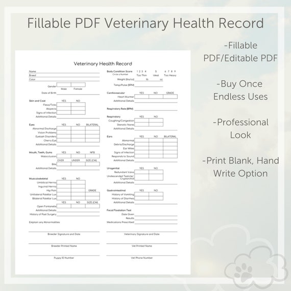 Veterinary Health Record Fillable PDF | Etsy UK