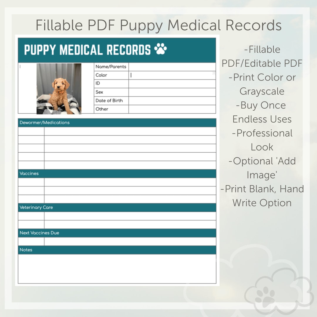 Puppy Medical Records Forms- Fillable PDF -teal - Etsy